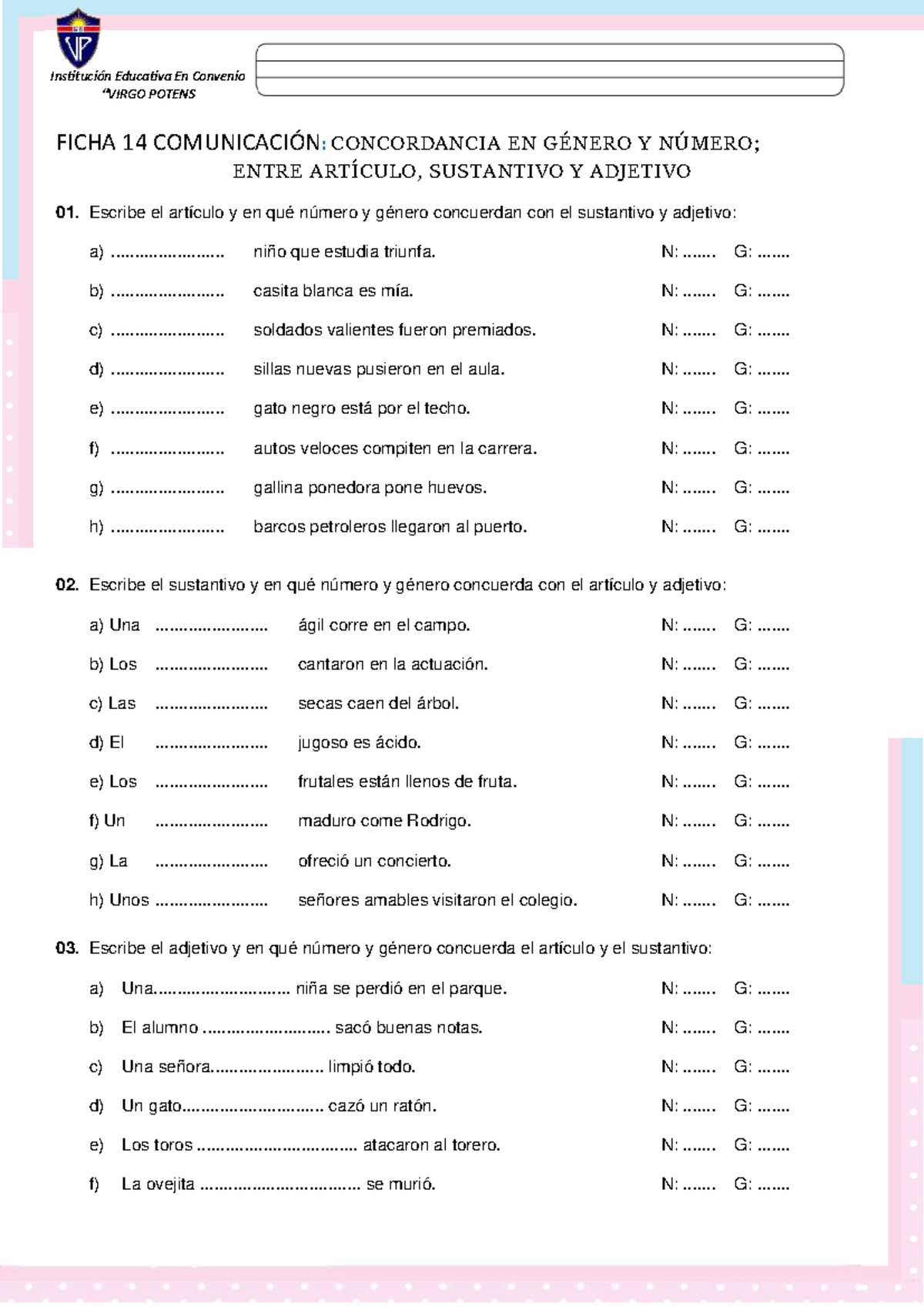 Ficha 14 Comunicación Concordancia de los sustantivos, articulo y ...