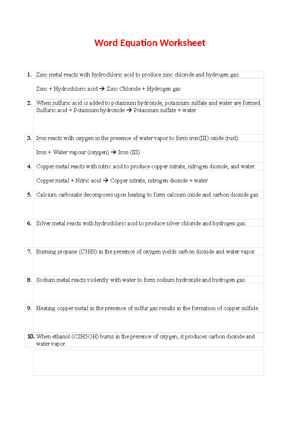 Word Equation Worksheet 1: Chemical Reactions and Products - Studocu