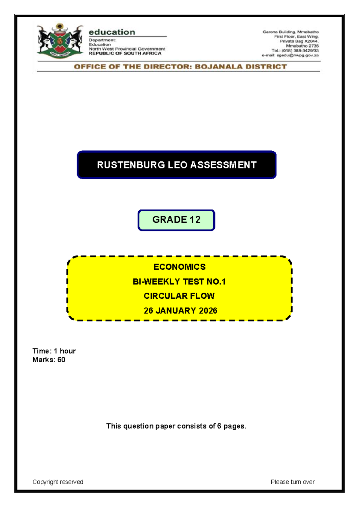 Grade 12 Economics Test No. 1: Circular Flow - Jan 2026 - Studocu