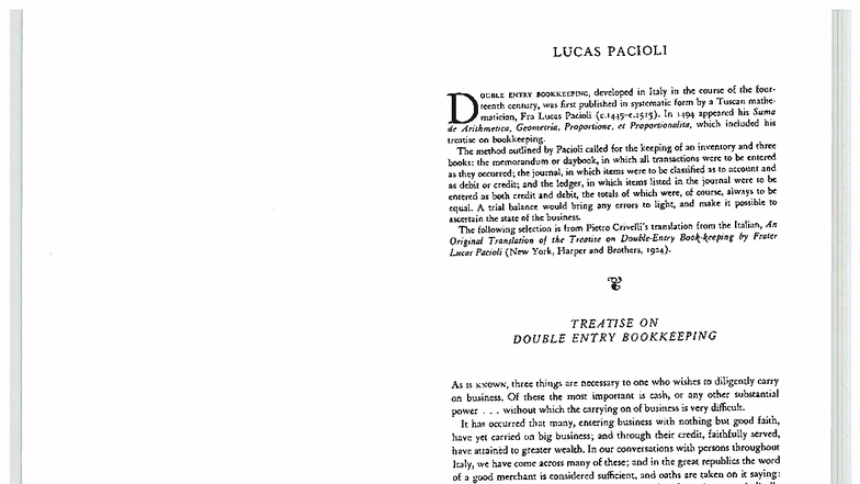LUCAS PACIOLI: Advice on Double Entry Bookkeeping (FIN 101) - Studocu