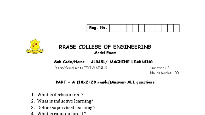 AL3451 Model Exam: Machine Learning Questions and Answers - Studocu