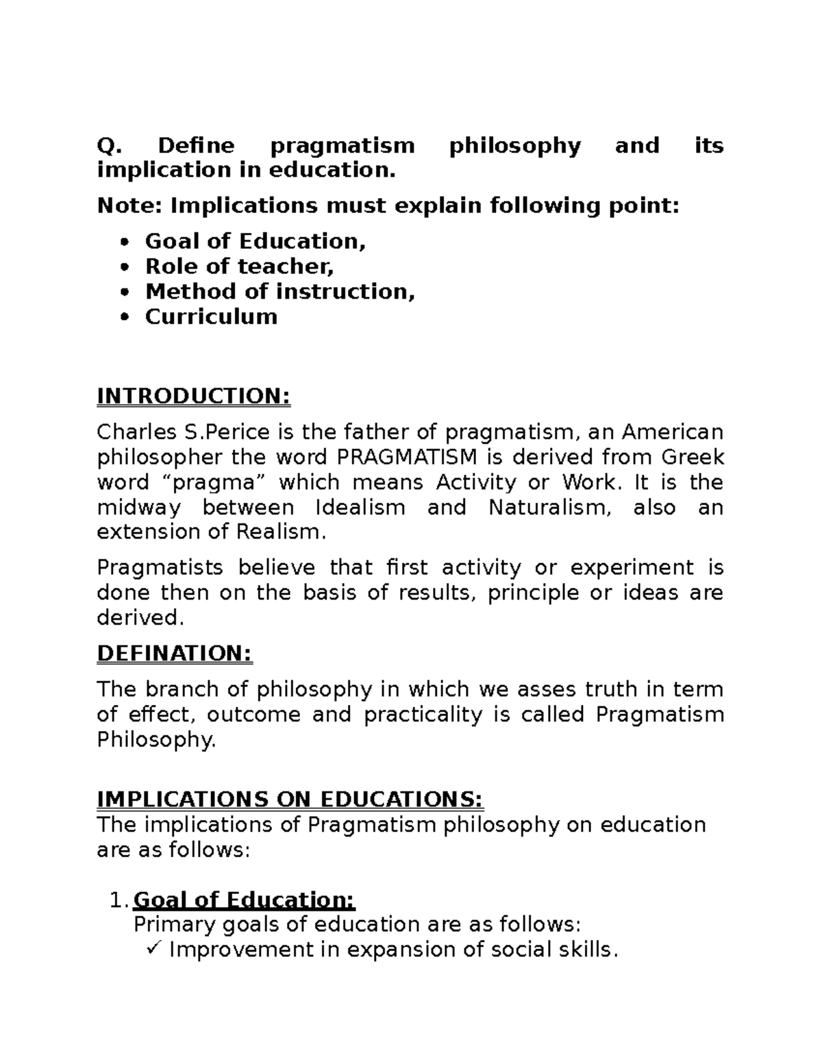 Pragmatism PHILOSOPHY - Q. Define pragmatism philosophy and its ...