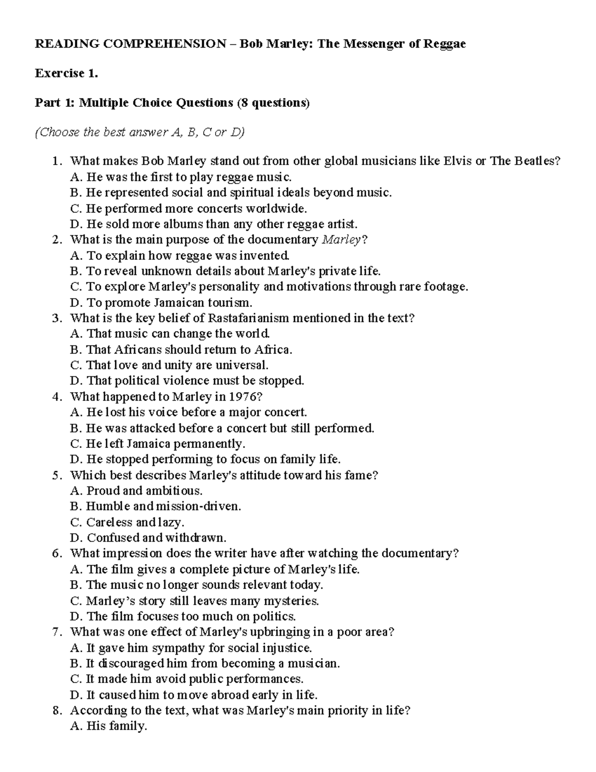 8C Reading Comprehension: Bob Marley - The Messenger of Reggae Exercise ...