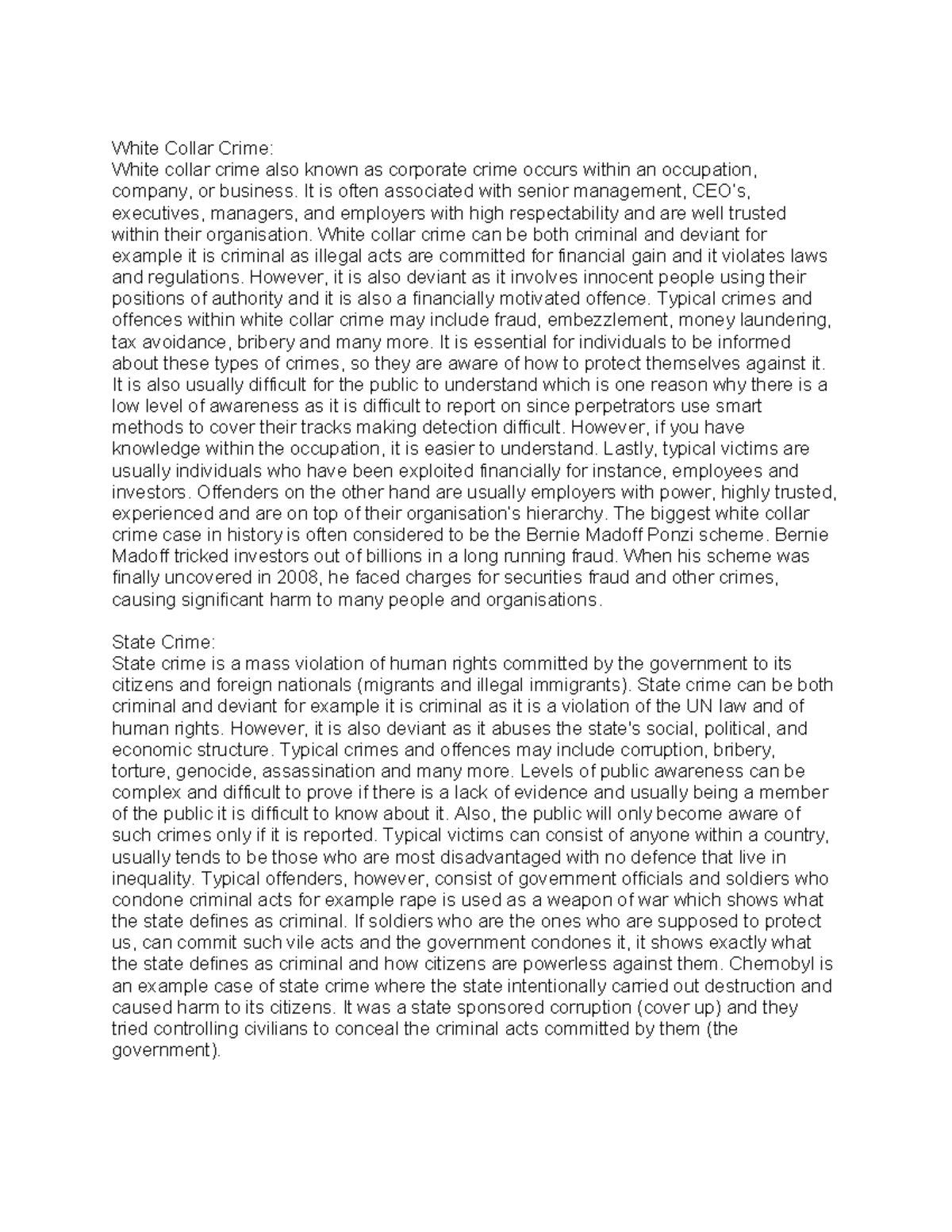 AC1.1 Types of Crime: White Collar & State Crime Explained - Studocu