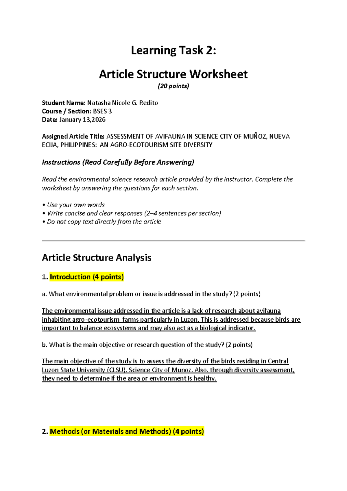 BSES 3: Article Structure Worksheet on Avifauna Assessment - Studocu