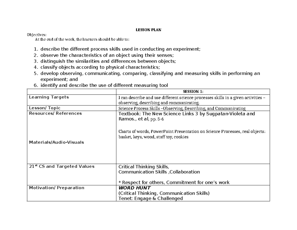 Lesson plan 1: Developing science process skills through observation ...