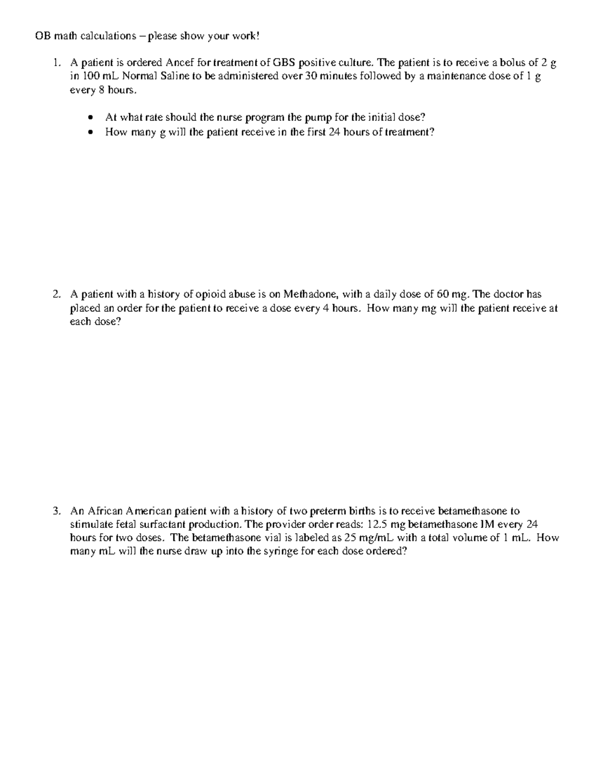 NUR202 Dosage Calc OB math calculations questions 1 12 - OB math ...