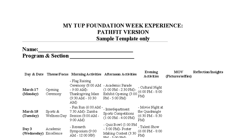 MY TUP Foundation Week Experience: Activities Schedule - Studocu