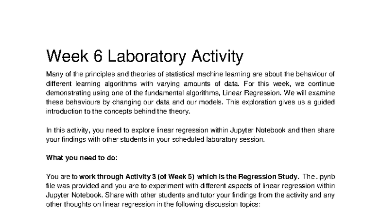 FIT1043 Week 6 Lab: Exploring Linear Regression Concepts - Studocu