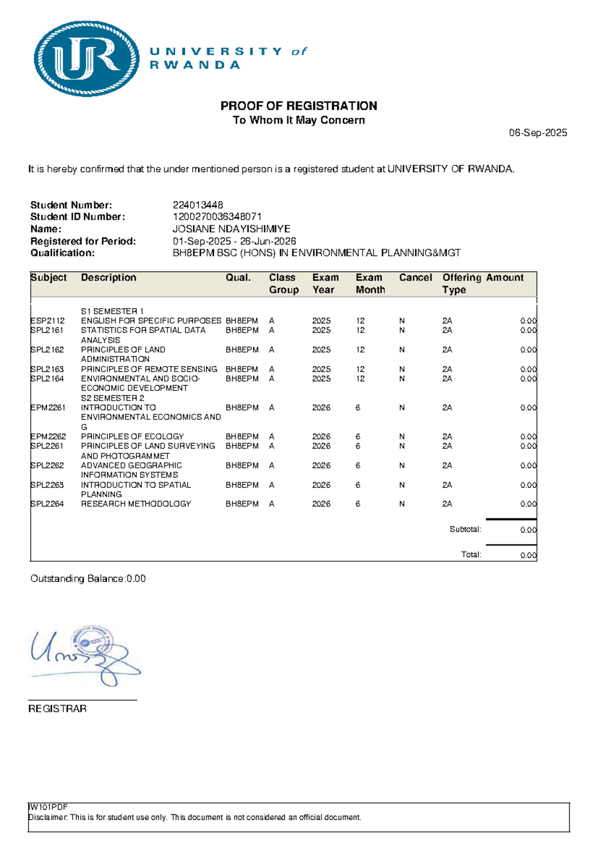 Proof of Registration for Josiane Ndayishimiye - BH8EPM - Studocu