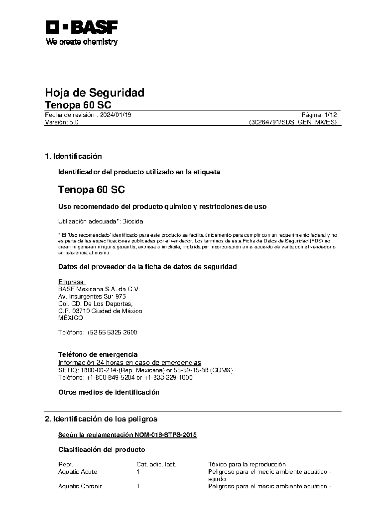 Hoja de Seguridad Tenopa 60 SC - Versión 5.0 y Peligros Asociados - Studocu
