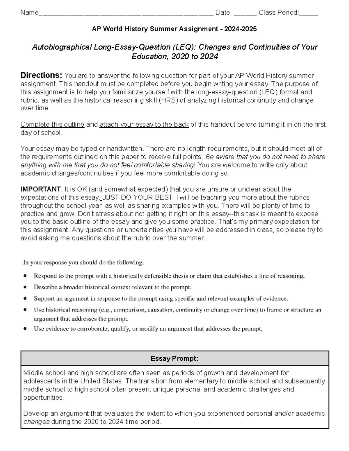 APWH Summer Assignment: Autobiographical LEQ on Changes & Continuities ...