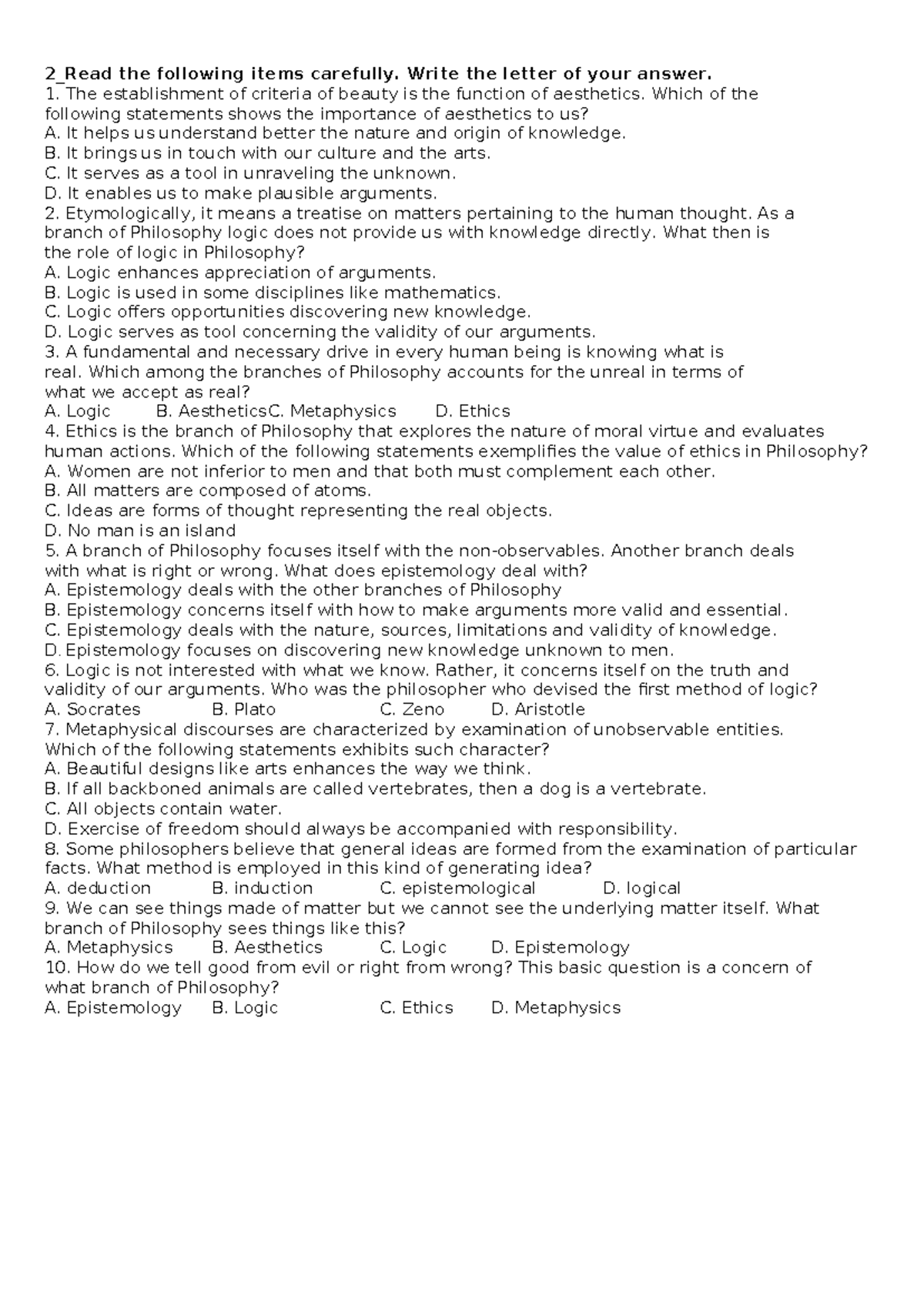 Activity 2 Intro to Philo - 2_Read the following items carefully. Write ...