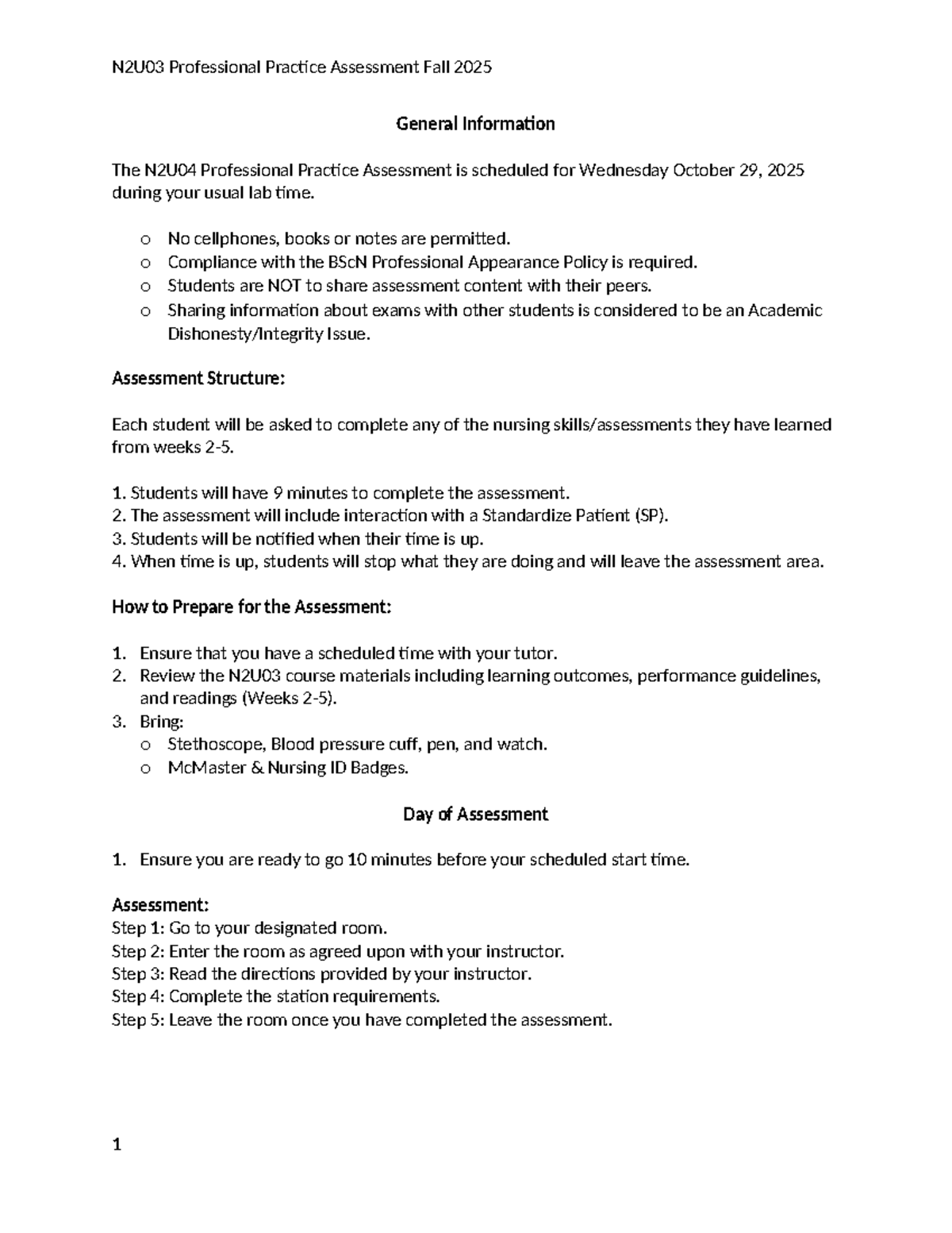 N2U04 Professional Practice Assessment Guidelines - Fall 2025 - Studocu