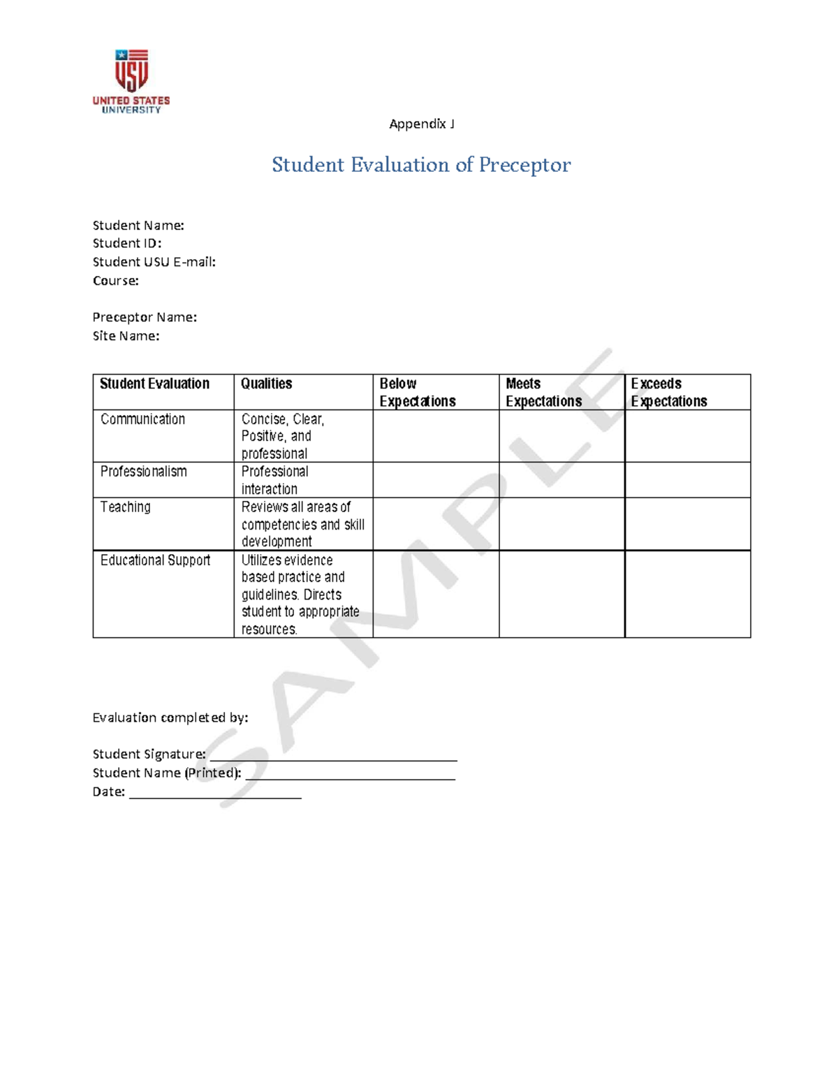 Appendix J Student Evaluation of Preceptor - Appendix J Student ...