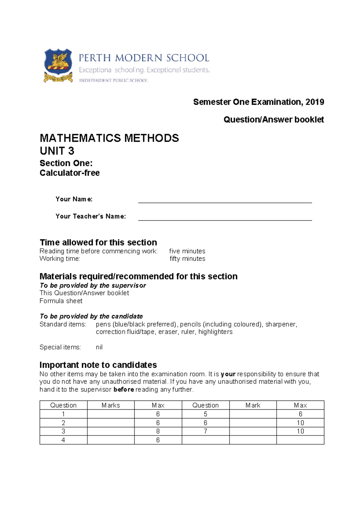 2019 Year 12 Mathematics Methods Unit 3 Semester 1 Exam Paper - Studocu