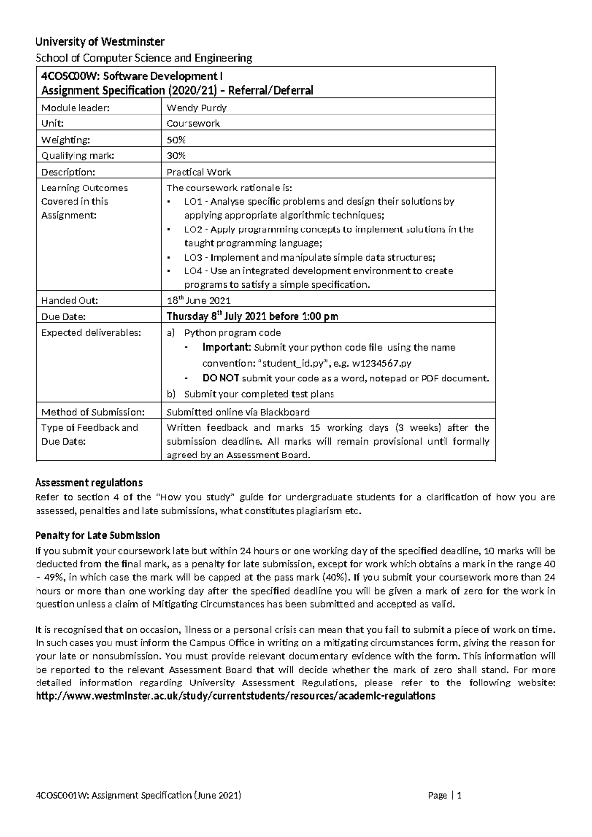 4COSC001W: Software Development I Coursework Assignment Guide - Studocu