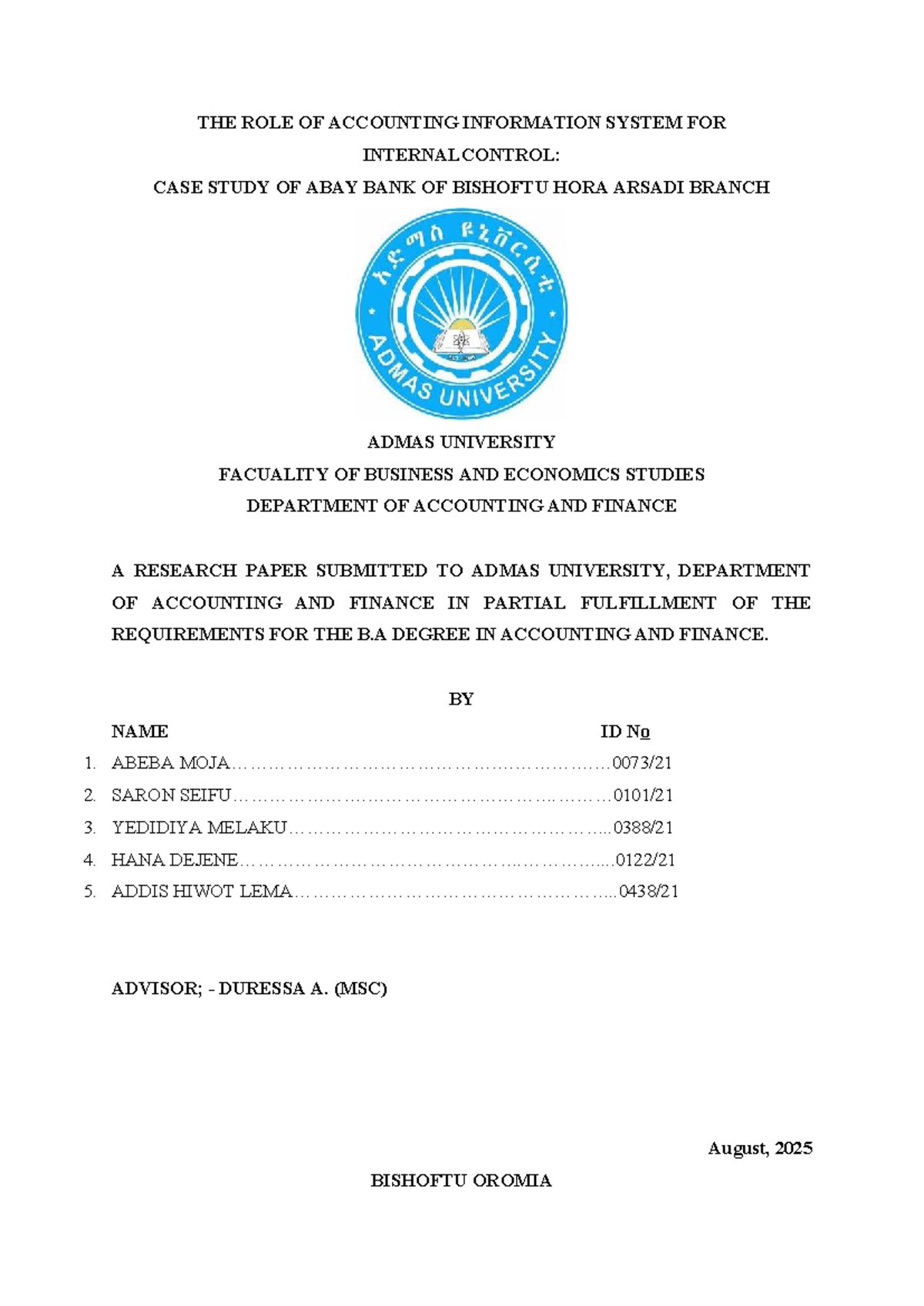 The Role of AIS in Internal Control: A Case Study of Abay Bank (BA 2025 ...