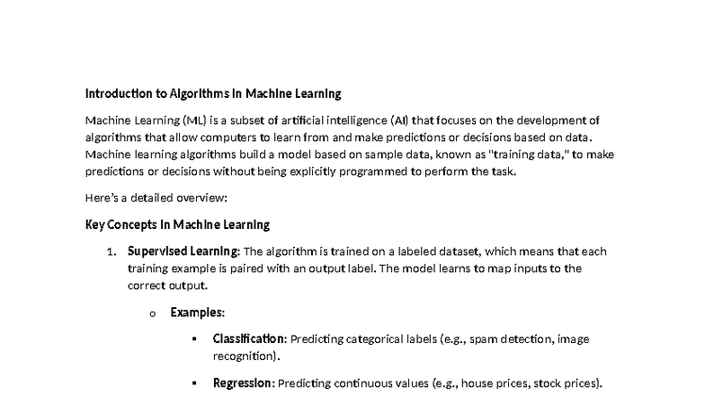 Unit 1 Notes: Introduction to Algorithms in Machine Learning - Studocu