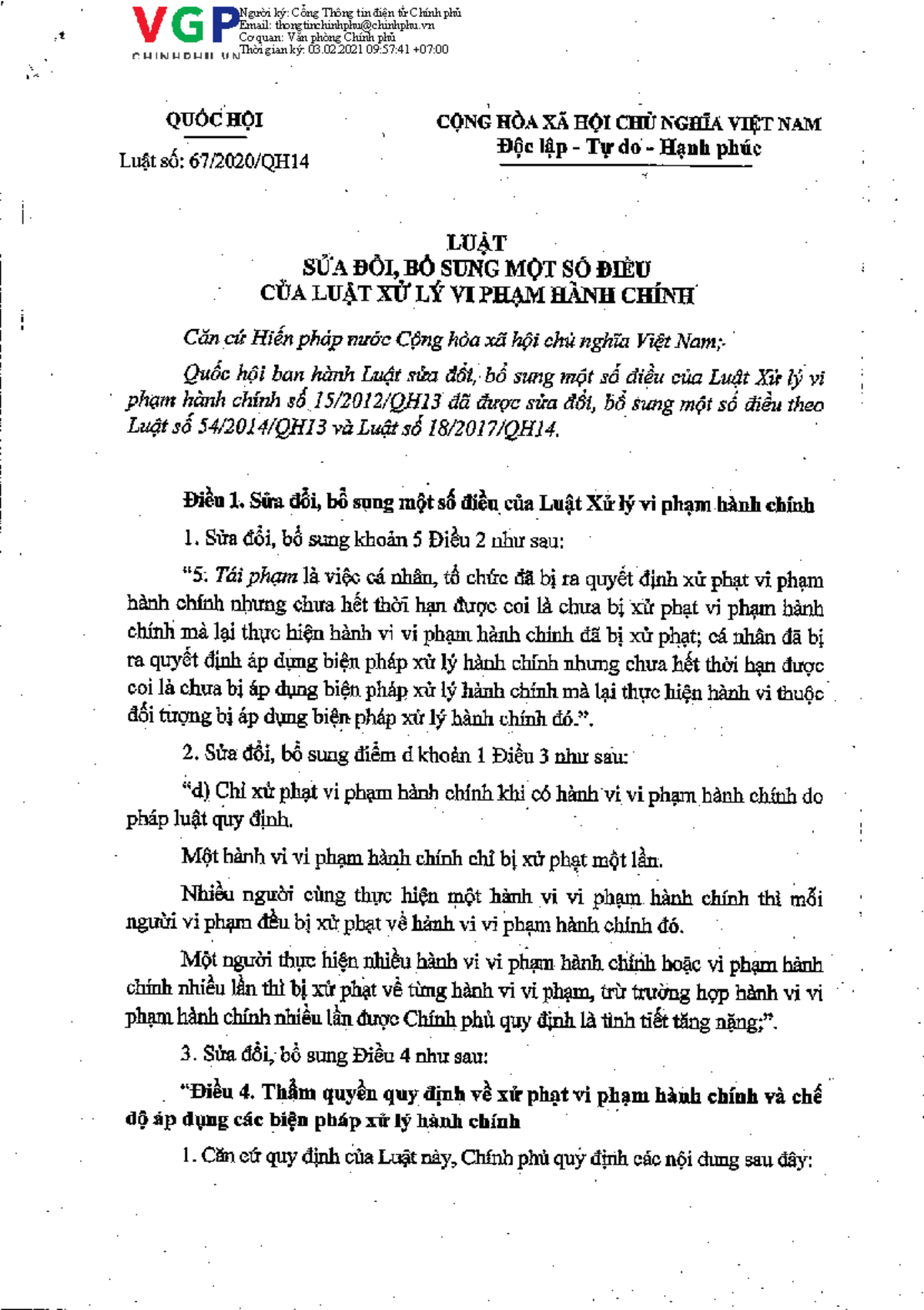 Luat sua doi va bo sung Luat xu ly VPHC nam 2020 - Văn bản luật - Studocu