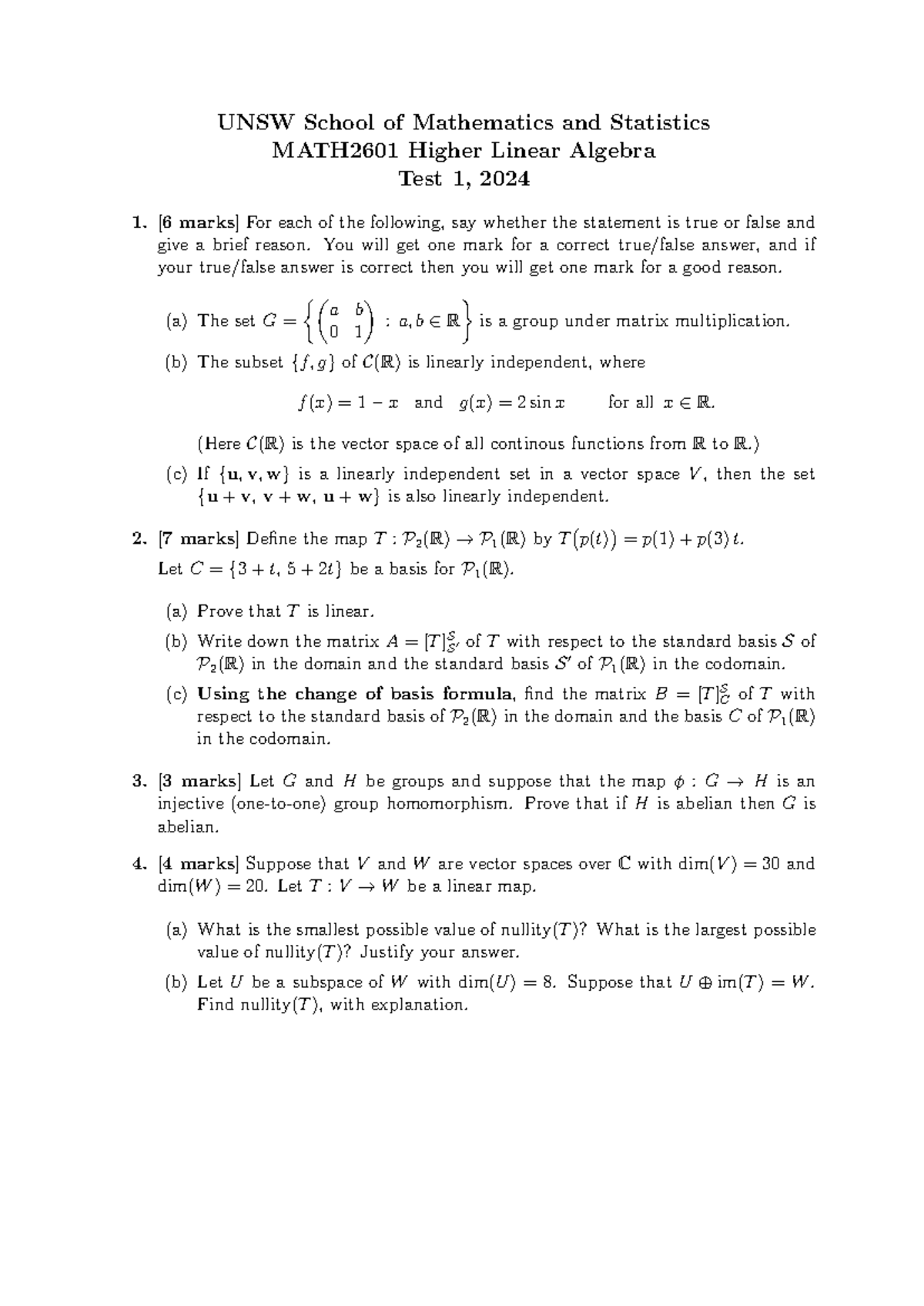 UNSW MATH2601 Higher Linear Algebra Test 1 Past Paper 2024 - Studocu