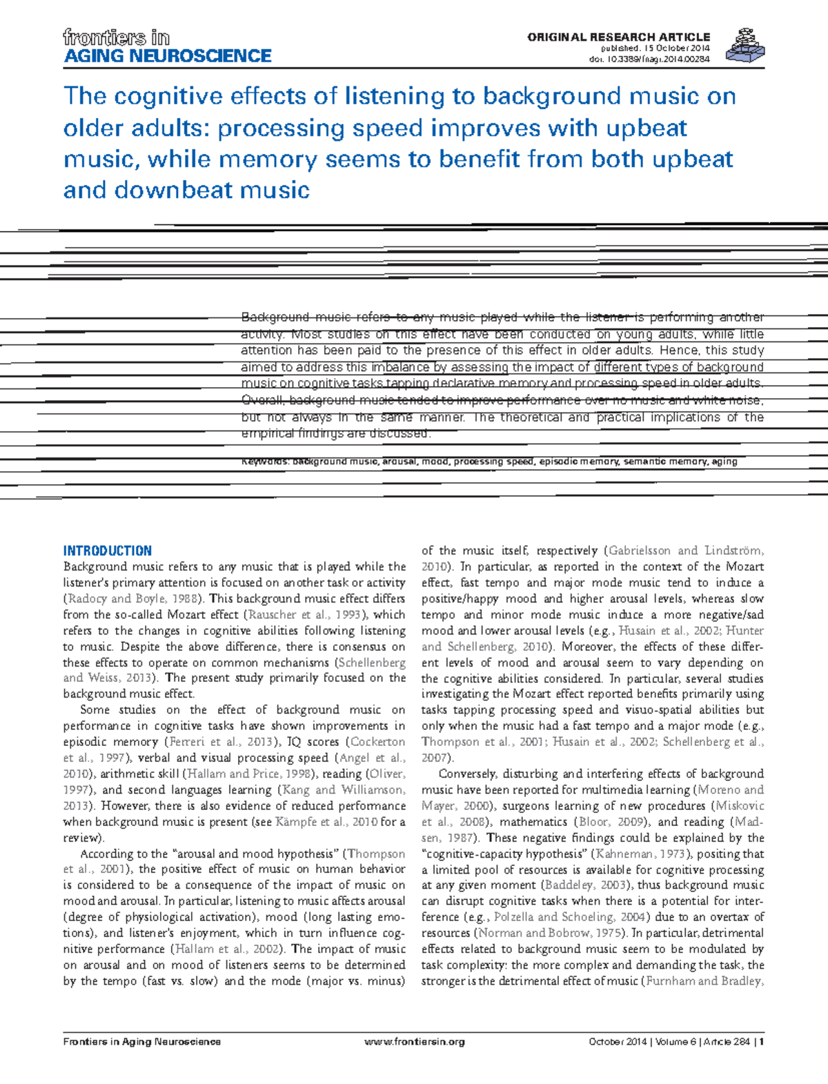 Cognitive Effects of Background Music on Older Adults: Research ...