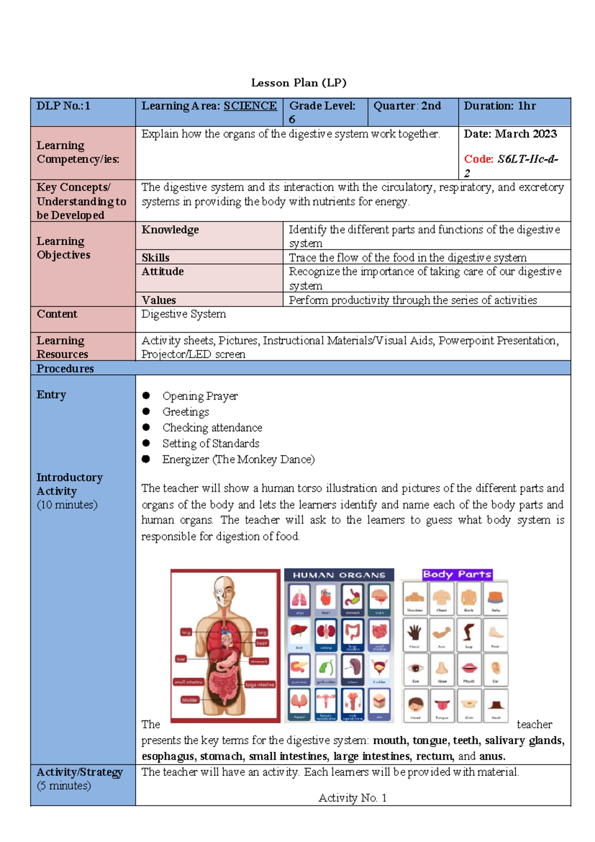Digestive System Lesson Plan for Grade 6 Science (S 6 LT-IIc-d-2) - Studocu