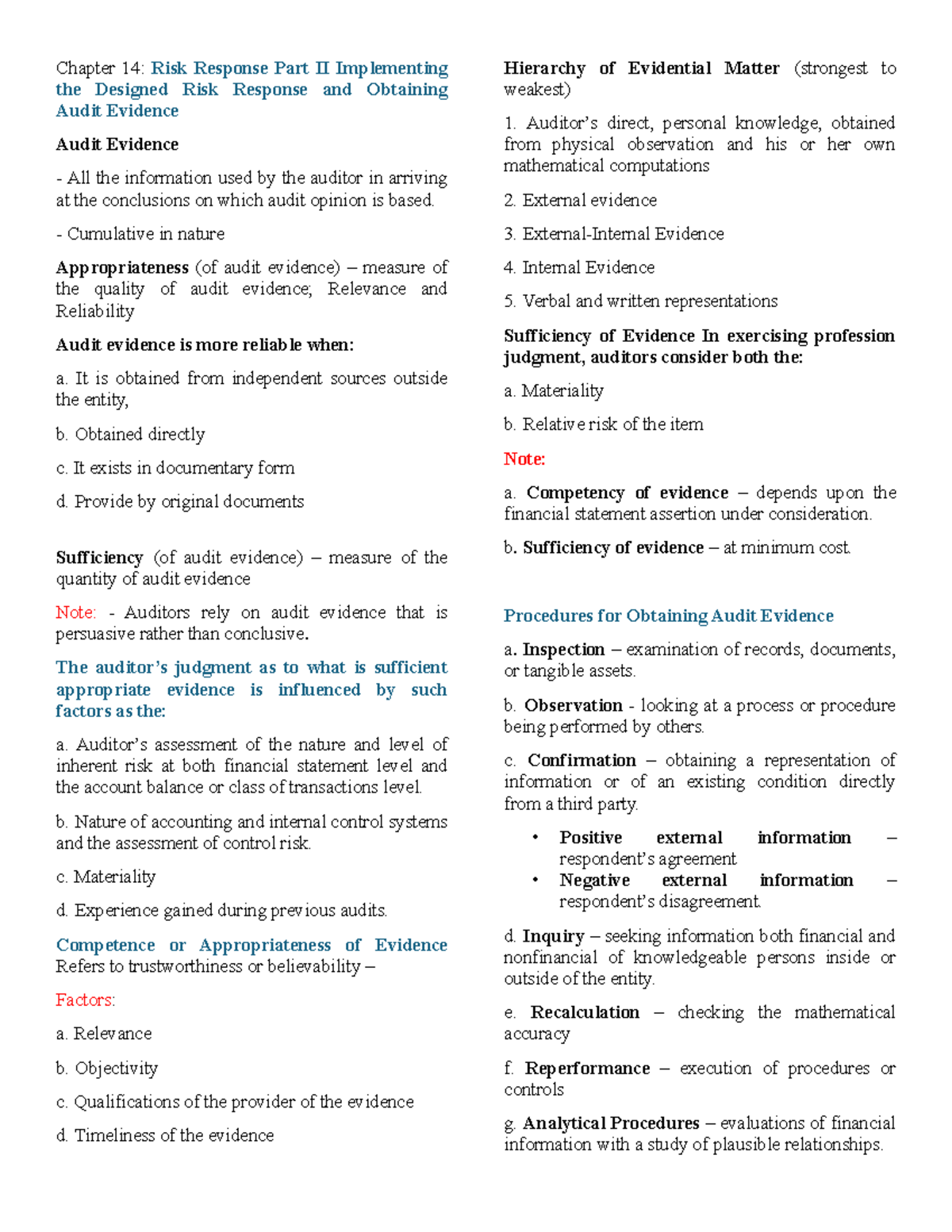 Chapter 14 Handouts - Risk Response & Audit Evidence (AUDIT) - Studocu