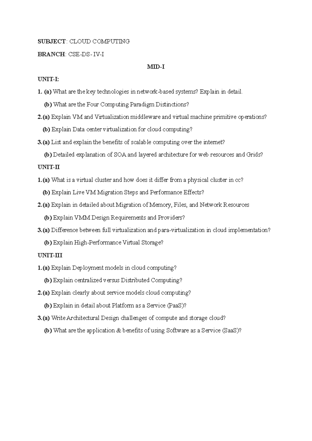Cloud Computing MID Questions 4-1 CSE-DS: Key Concepts & Technologies ...