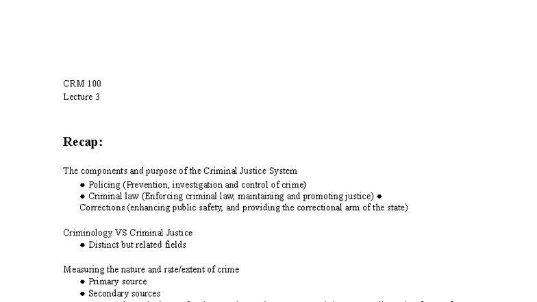 CRM 100 - Lecture 3: Components & Purpose of Criminal Justice - Studocu