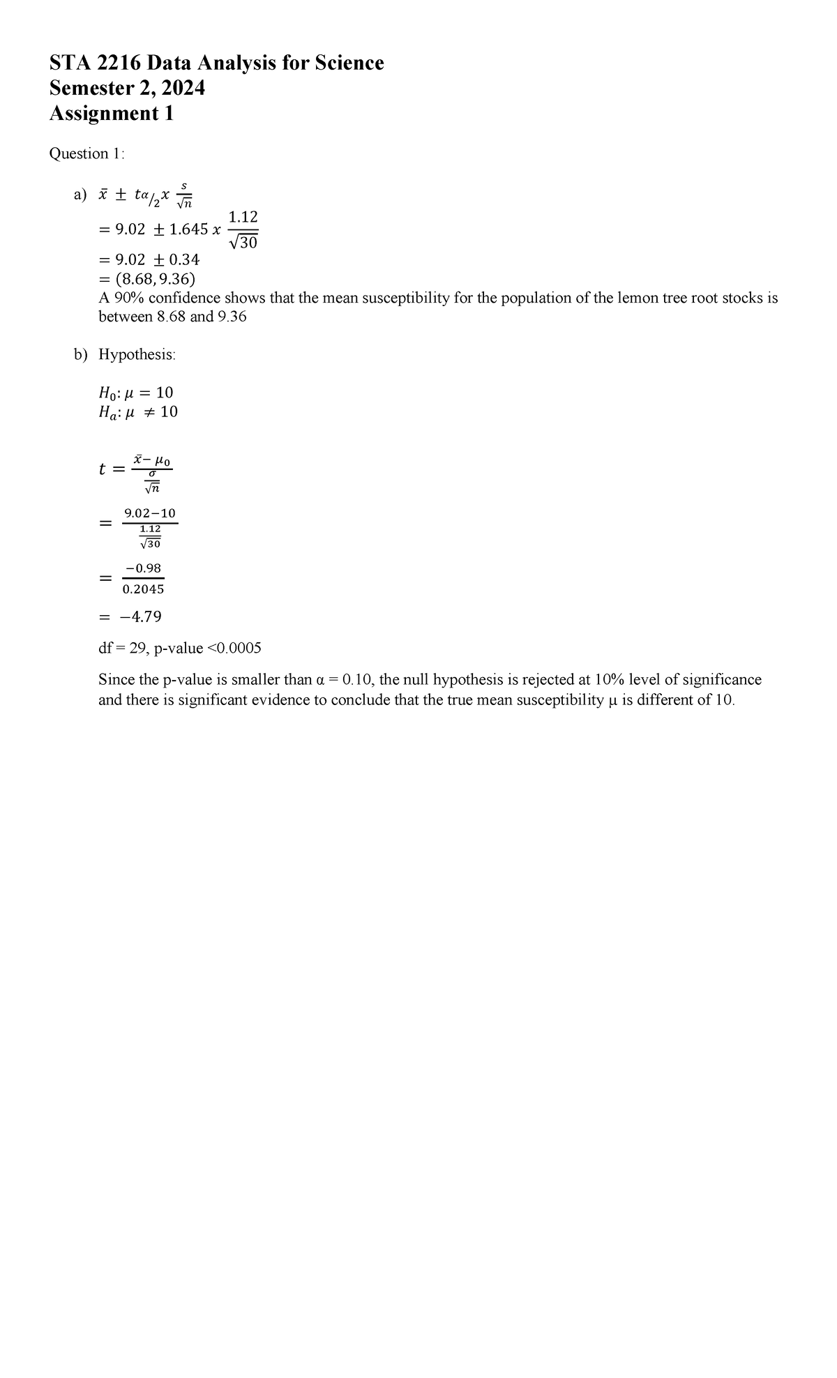 Assignment 1 Report - STA 2216 Data Analysis for Science Semester 2, 2024 Assignment 1 Question ...