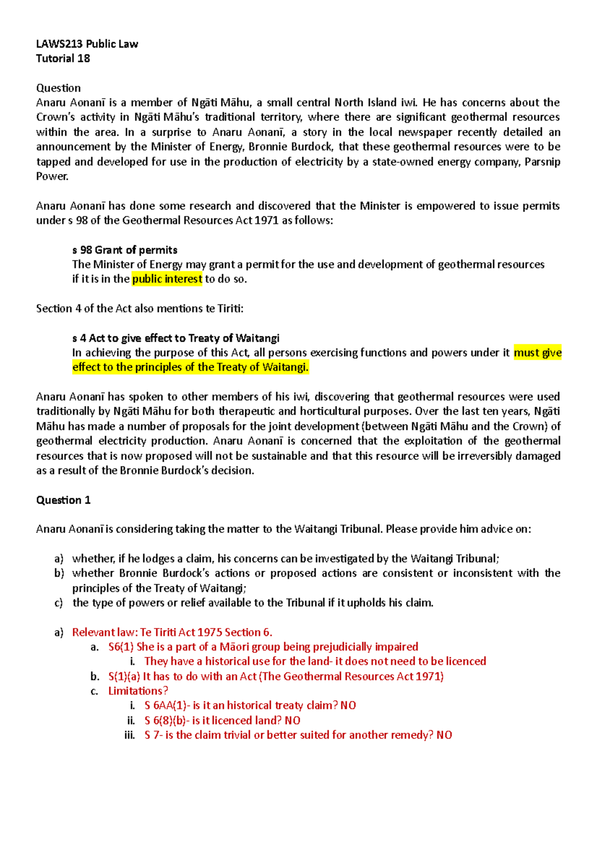 18 te tiriti - tutorial notes - LAWS213 Public Law Tutorial 18 Question ...