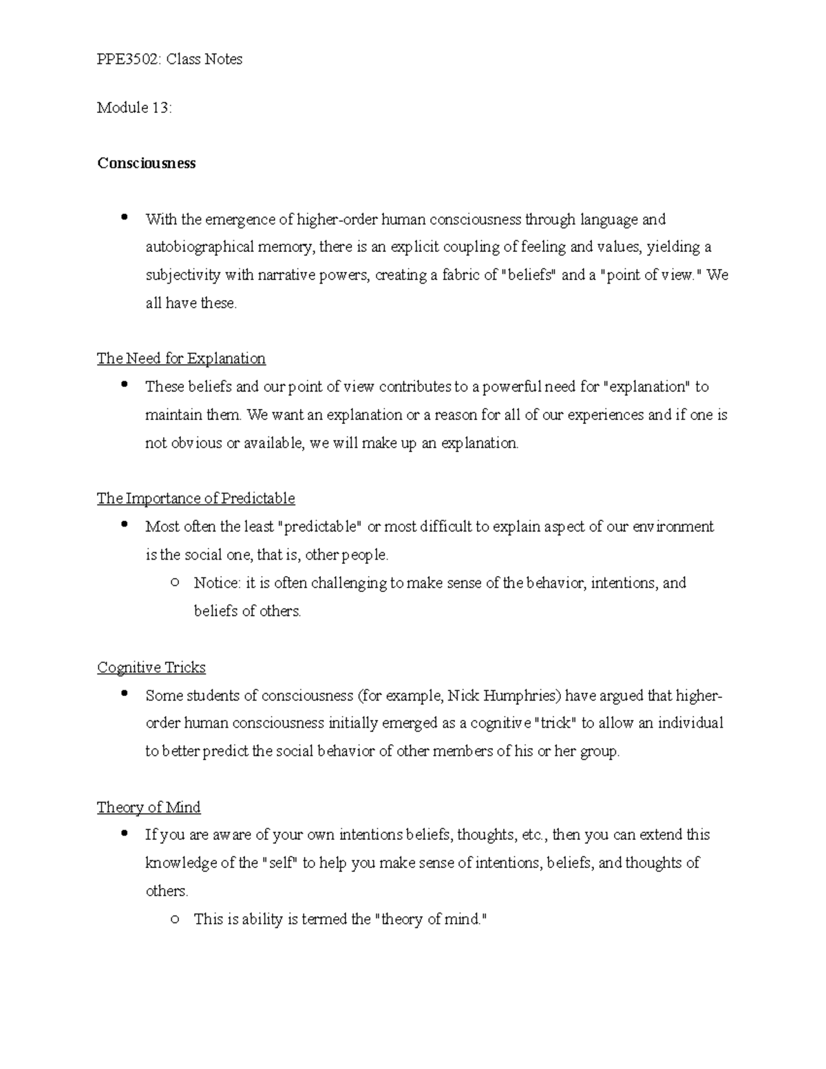 PPE3502-Module 13Notes - PPE3502: Class Notes Module 13: Consciousness ...