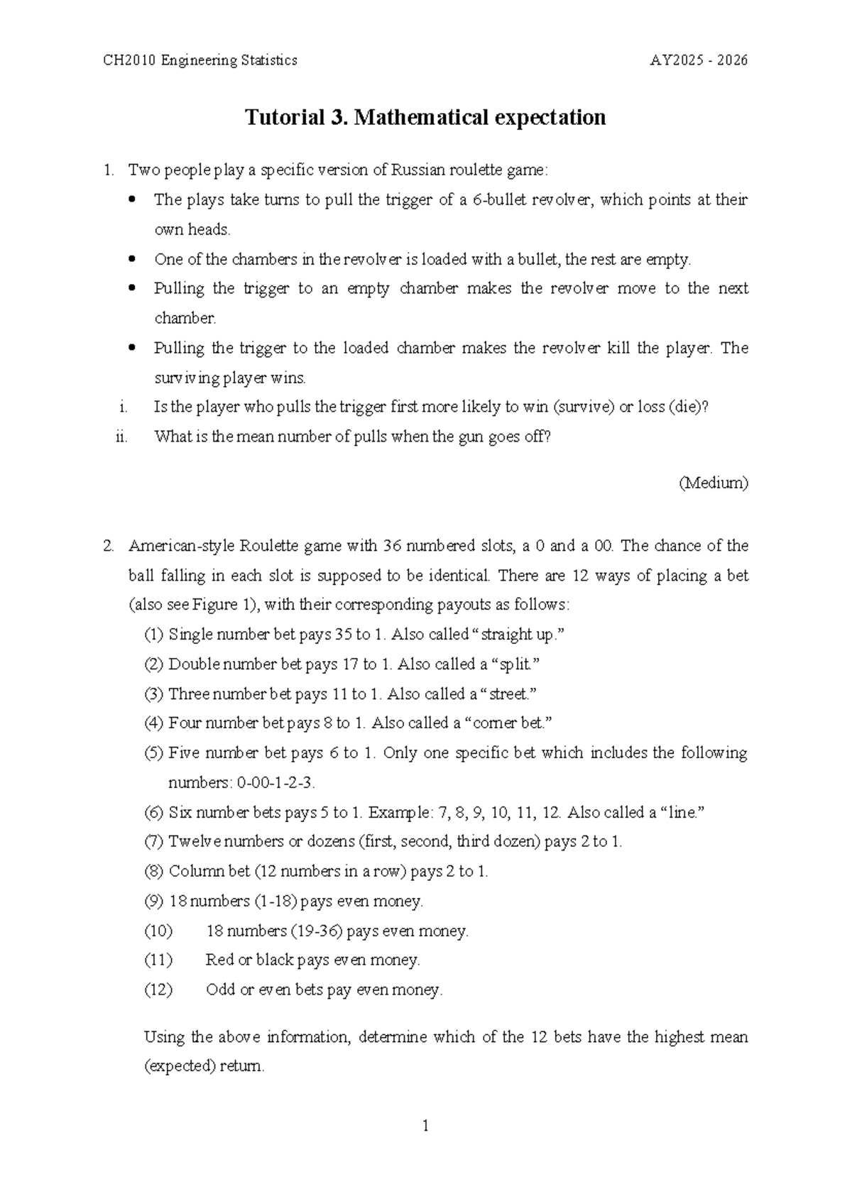 CH2010 Engineering Statistics AY2025 2026 Tutorial 3: Expectation ...