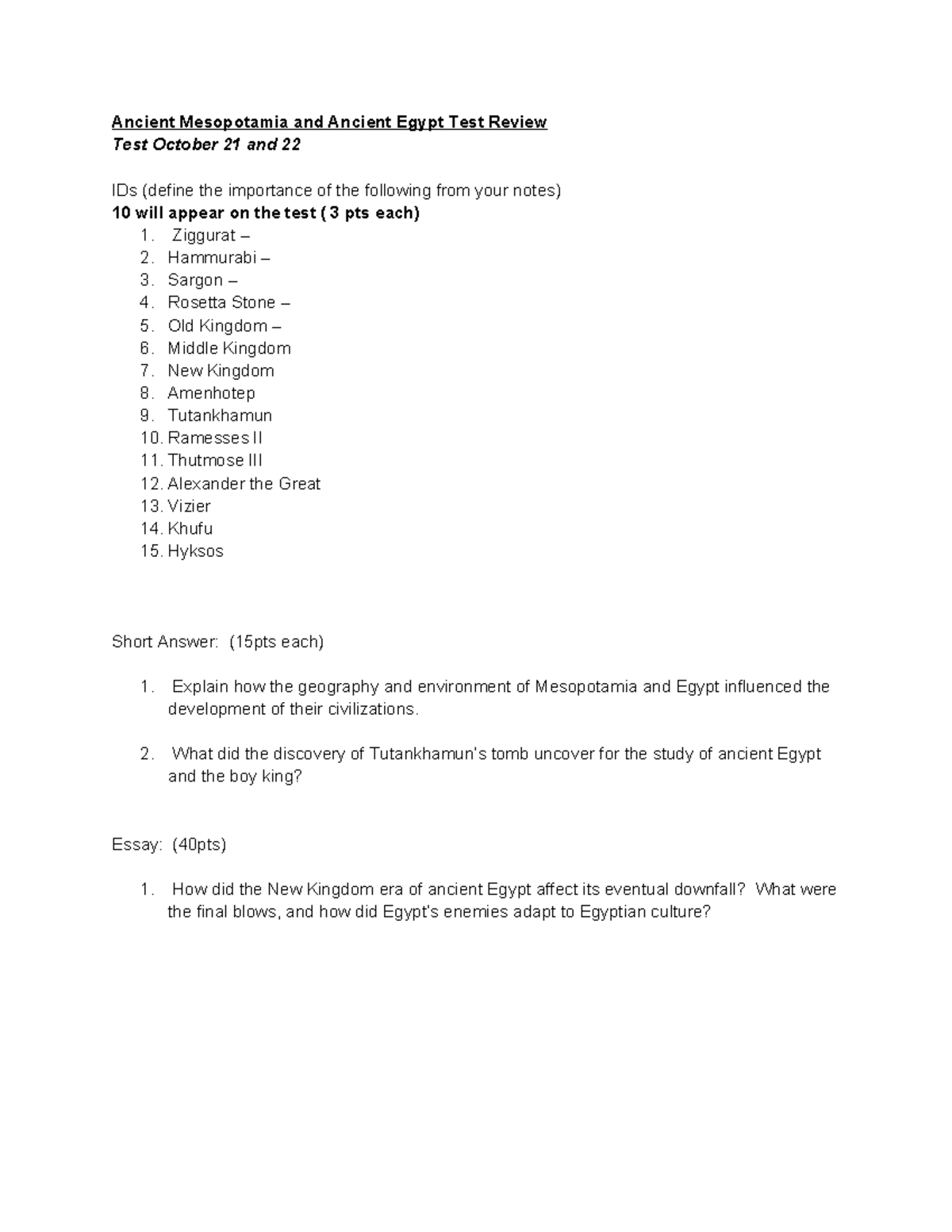 Ancient Mesopotamia & Egypt Test Review (IDs & Essay) - Studocu