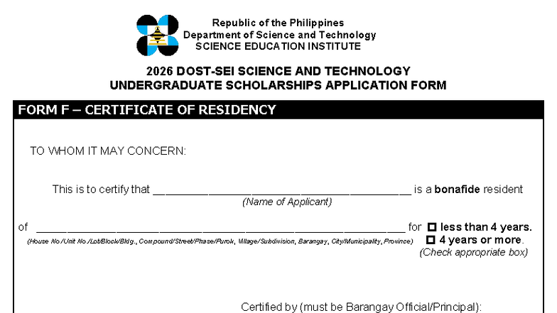 2026 DOST-SEI S&T Undergraduate Scholarship Application Form F - Studocu