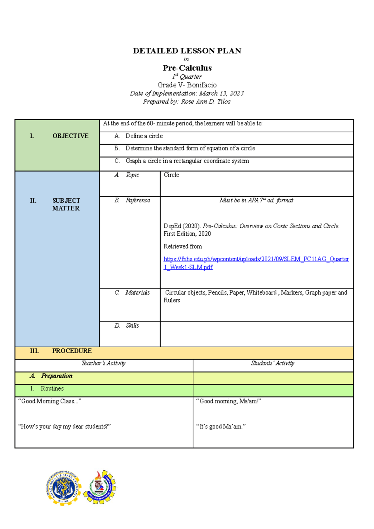 Lesson Plan for Pre-Calculus (1st Quarter) - Grade V: Circle Concept ...