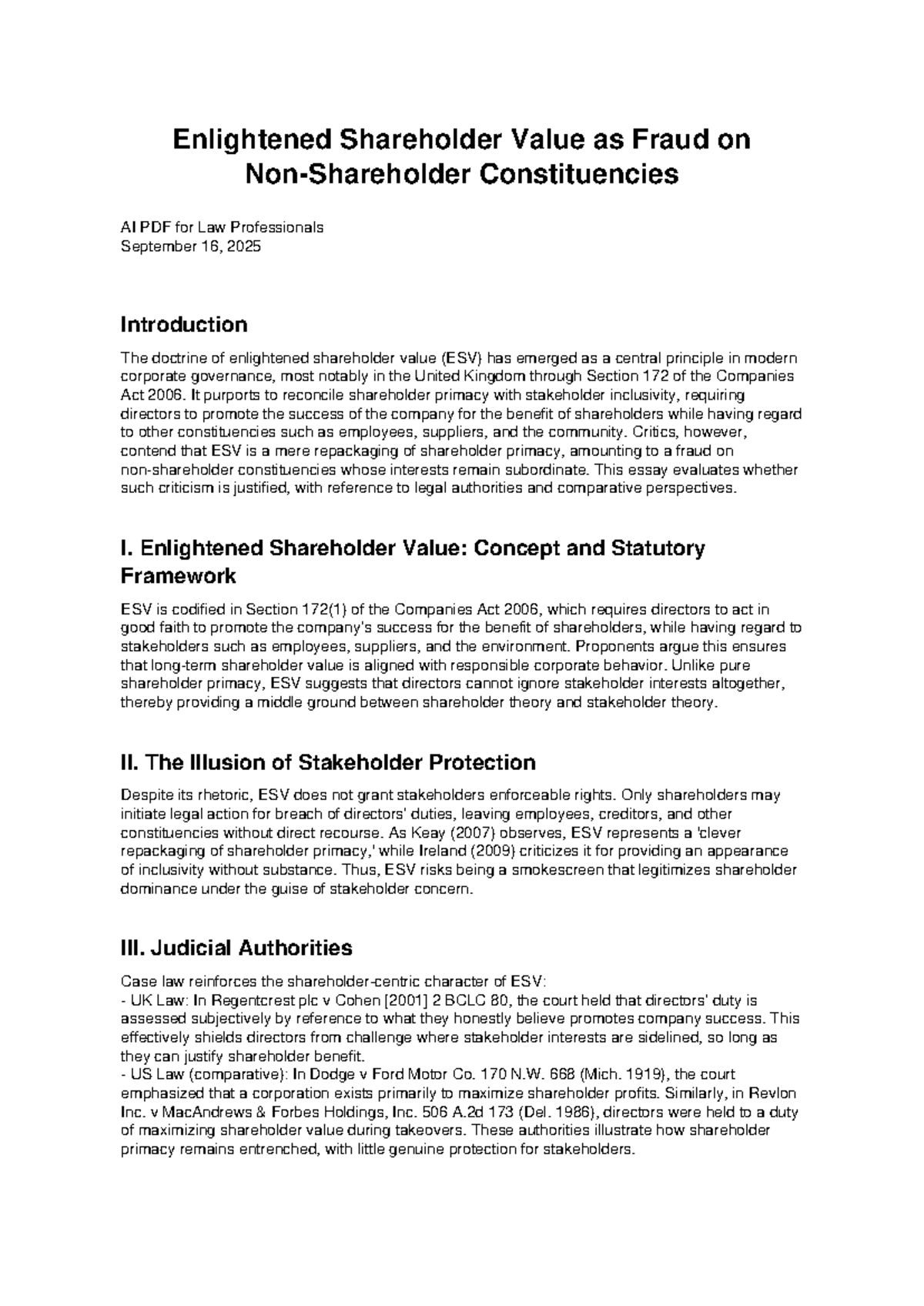 Enlightened Shareholder Value: A Critical Analysis for Law ...