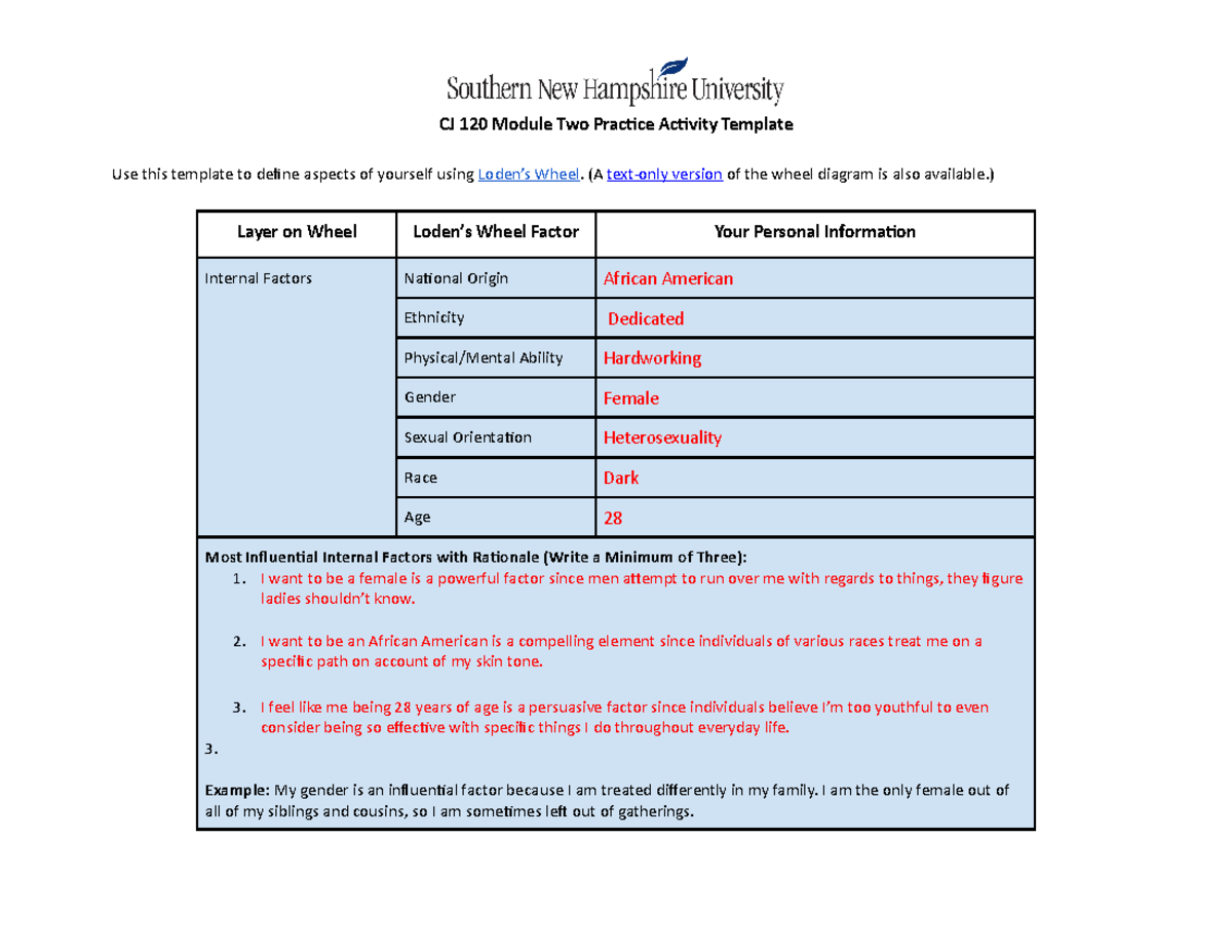 CJ 120 Module Two Practice Activity: Analyzing Personal Identity ...