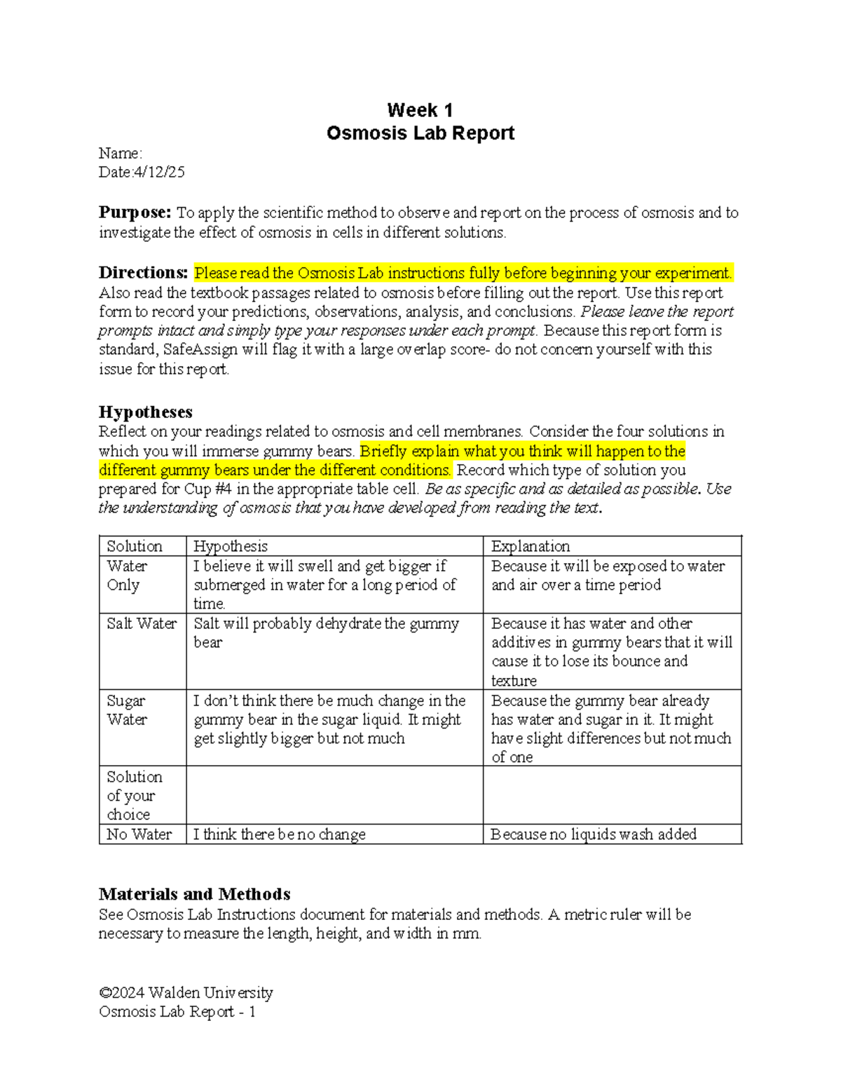 Wk1Assgn - Osmosis Lab Report: Observing Gummy Bears in Solutions - Studocu