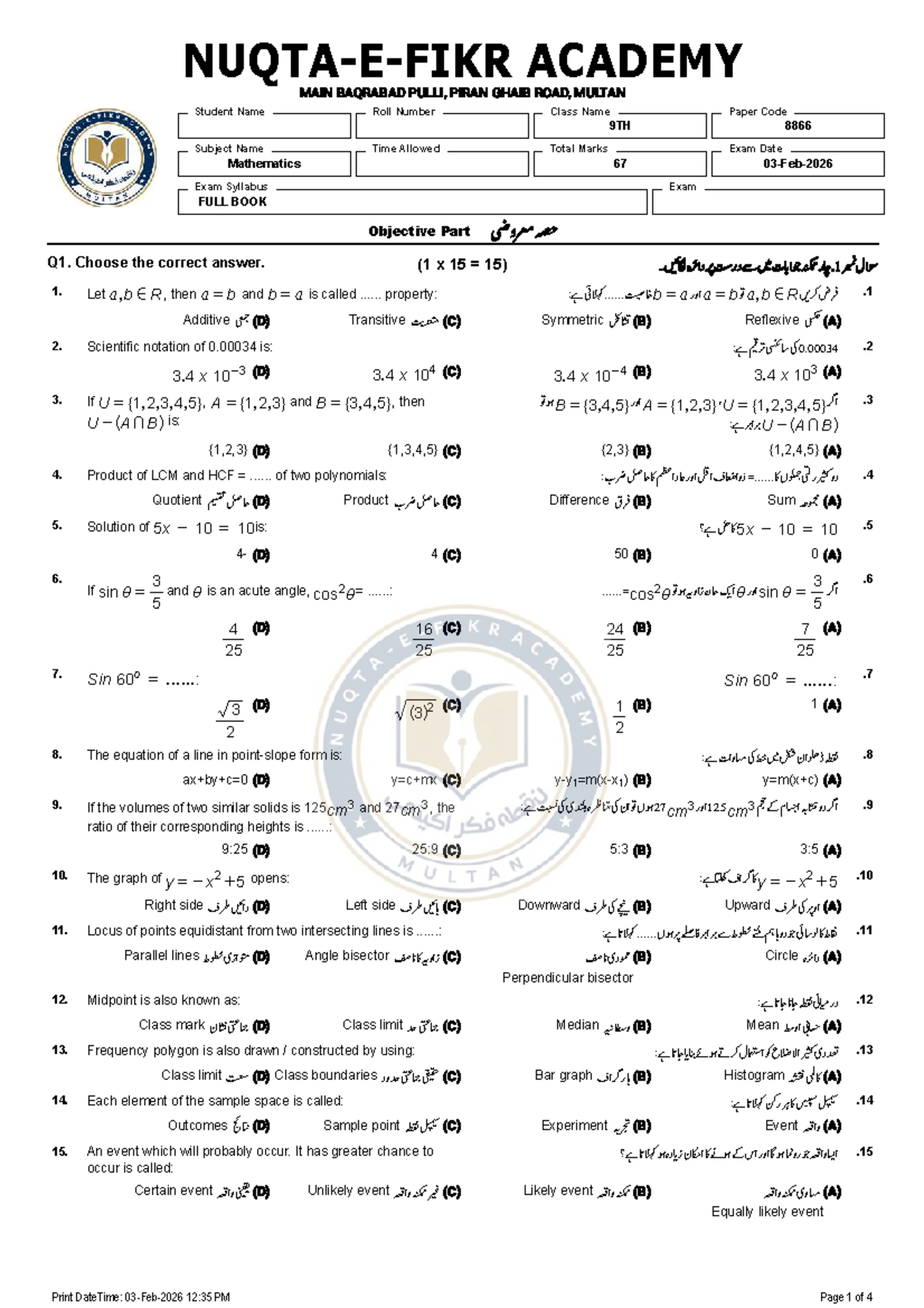Math 9TH Class Full Book Exam Preparation Guide - Studocu