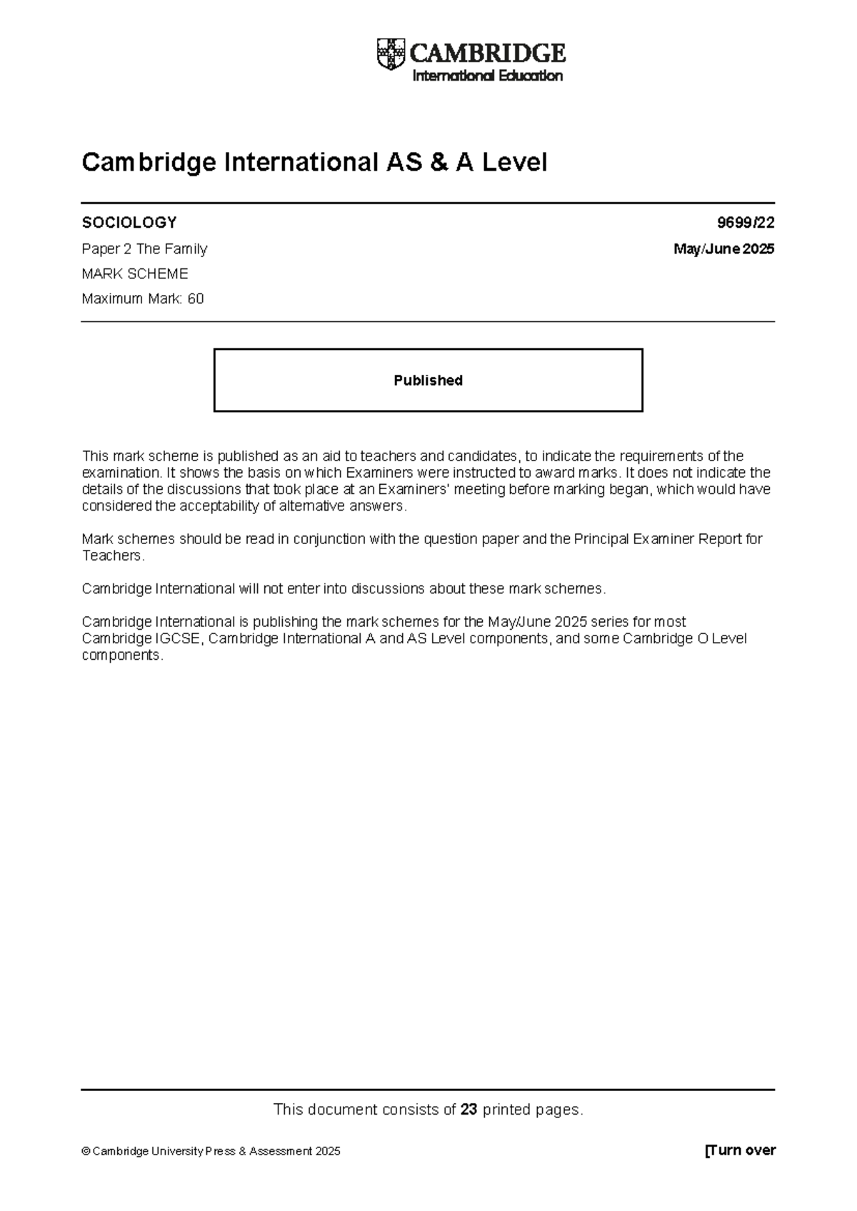 Cambridge International AS A Level SOCIOLOGY 9699/25 Mark Scheme 2025 ...