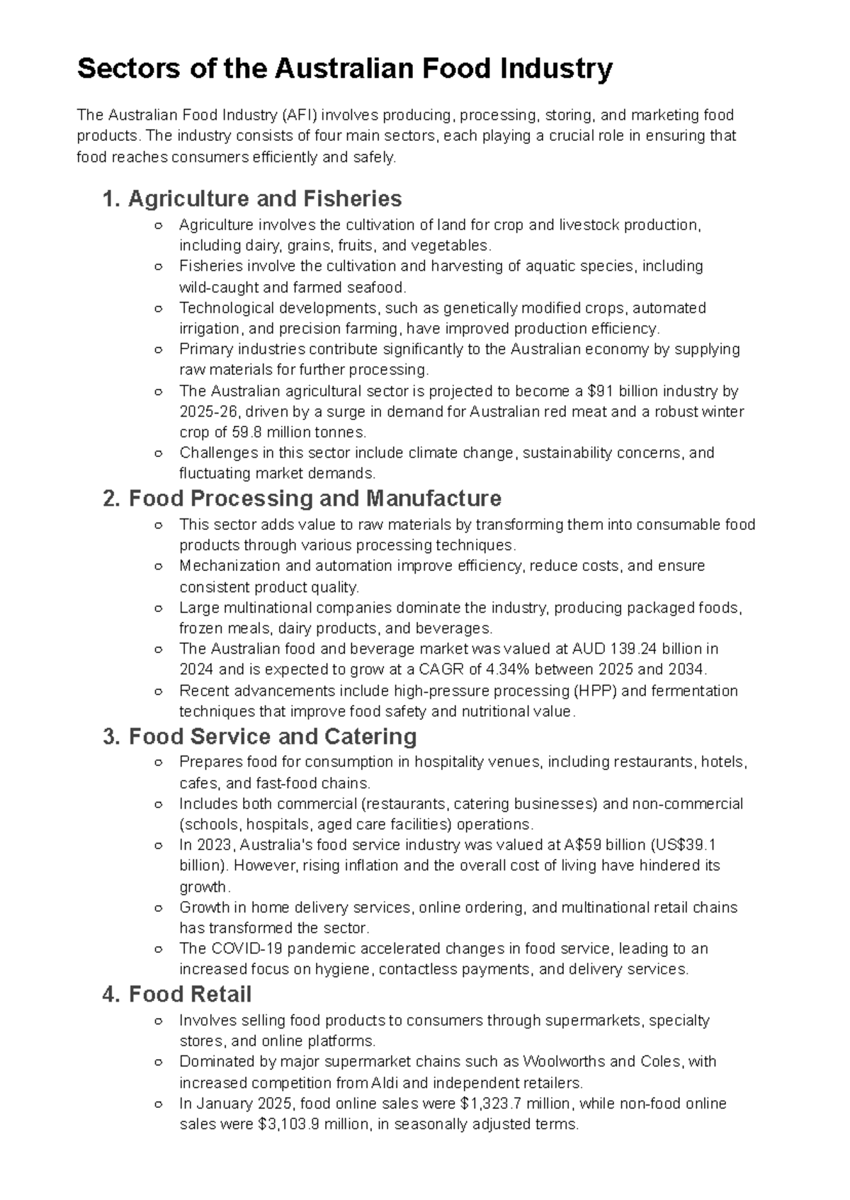 Food Tech Summary Notes: Sectors of the Australian Food Industry - Studocu