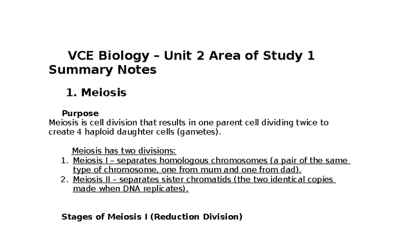 Biology U2 AOS1: Meiosis & Genetic Inheritance Summary Notes - Studocu