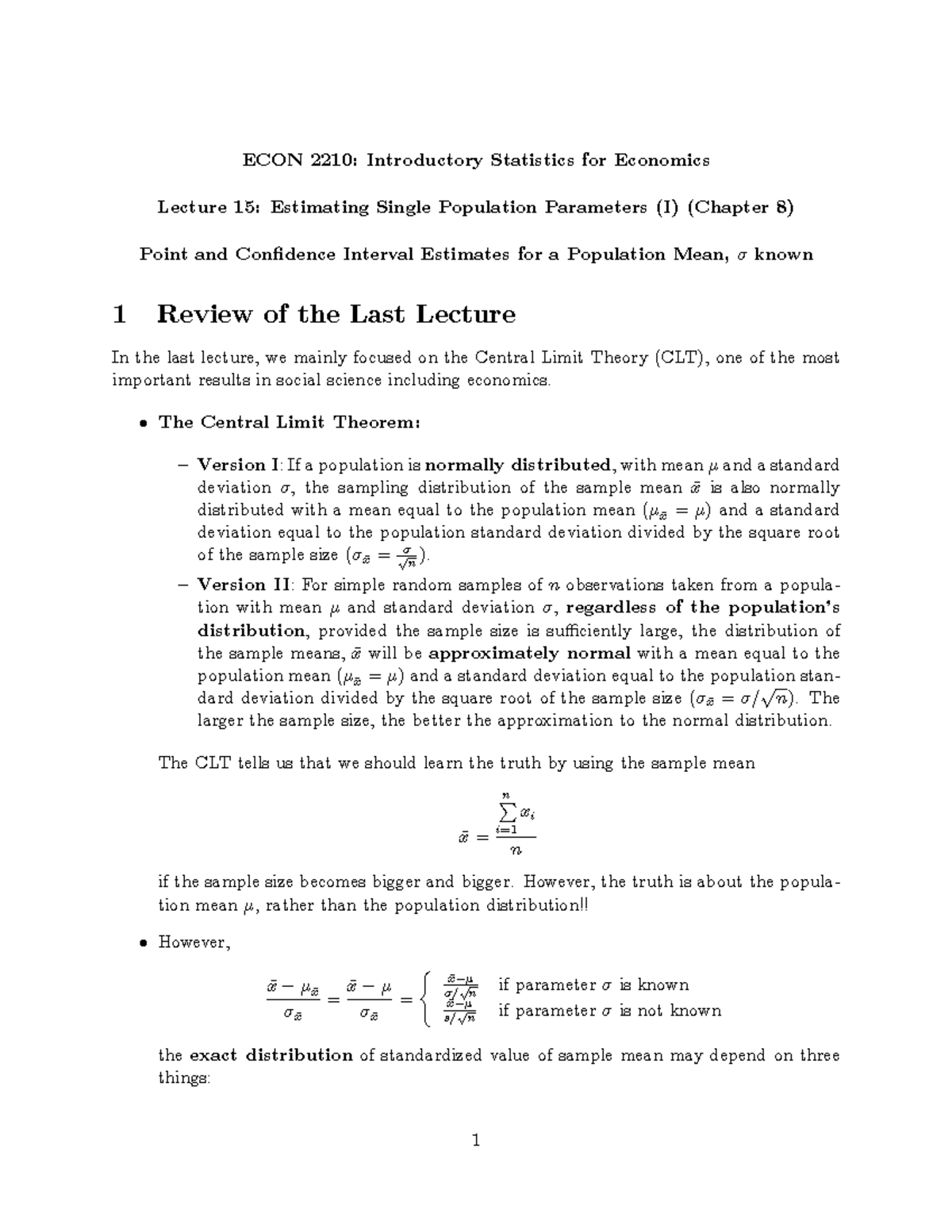 ECON 2210: Lecture 15 - Estimating Population Parameters (Point ...