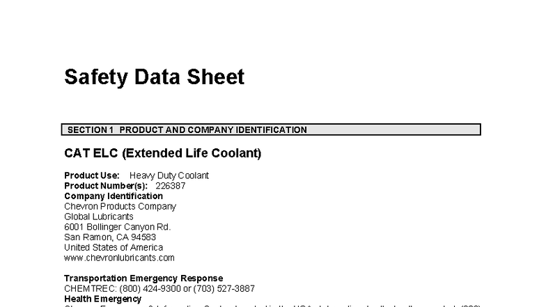 CAT ELC (Extended Life Coolant) Safety Data Sheet - Revision 21 - Studocu