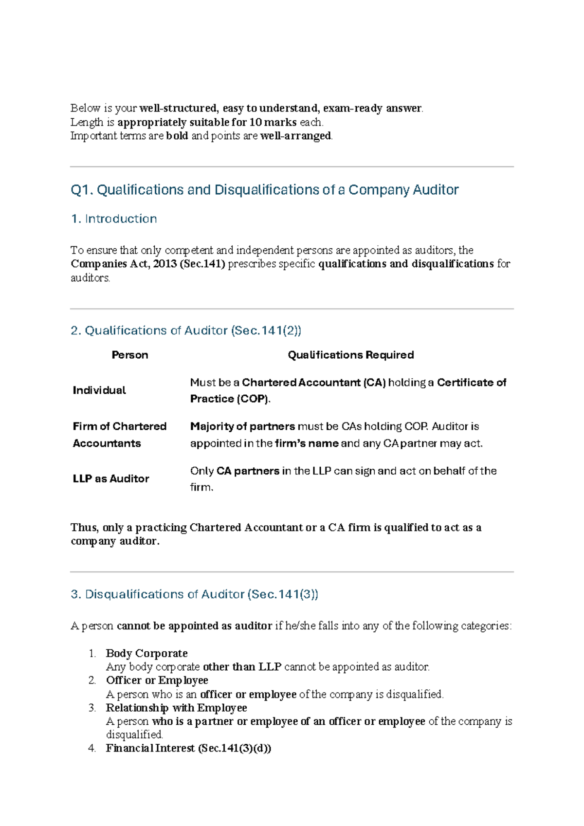 Unit 4: Auditor Qualifications & Disqualifications (10 Marks) - Studocu
