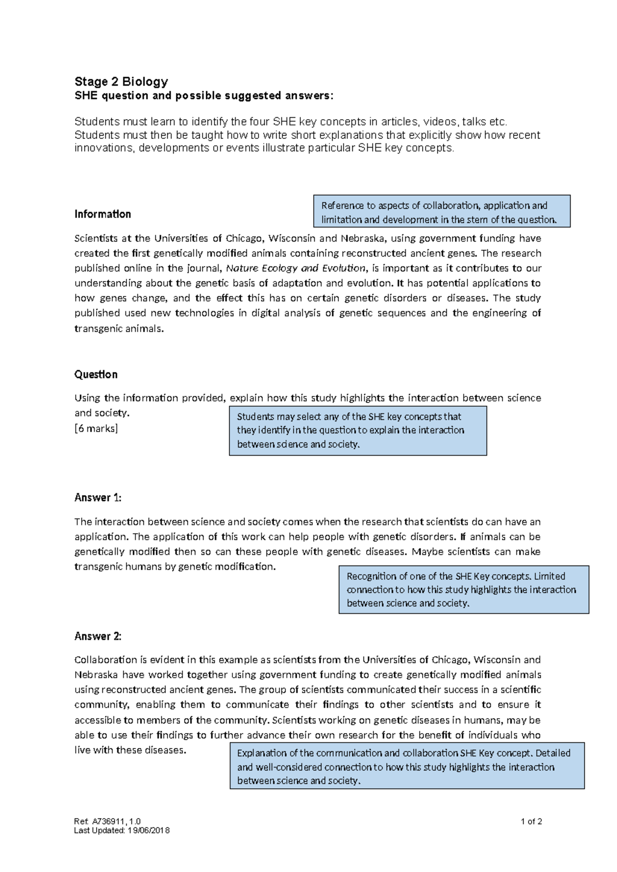 SHE A736911 Stage 2 Biology Test Question 2 & Responses - Studocu