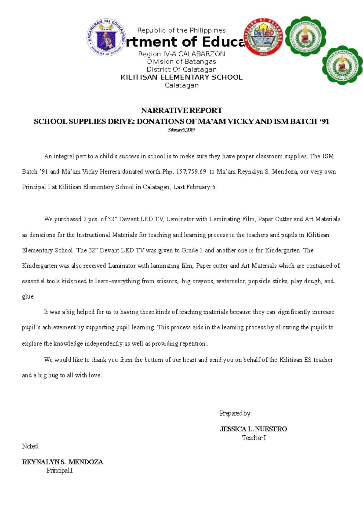 Narrative Reports School Supplies Drive - Department of Education ...