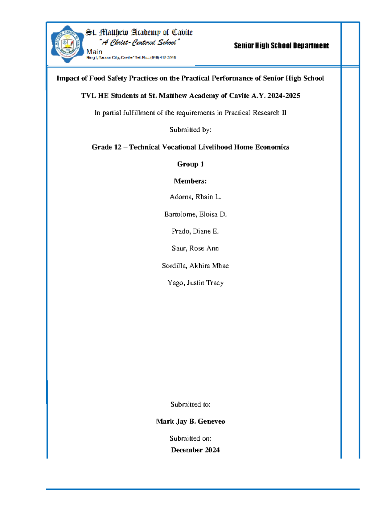 Impact of Food Safety Practices on Practical Performance of TVL HE ...